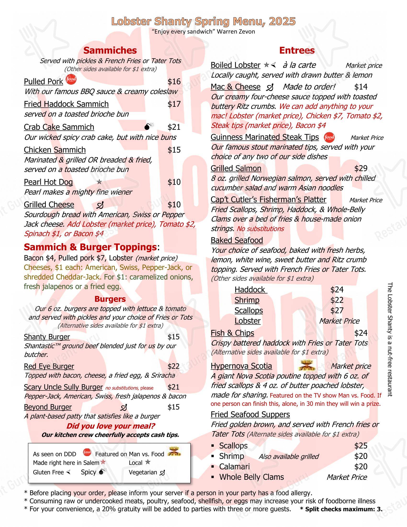 Menu at The Lobster Shanty pub & bar, Salem, 25 Front St