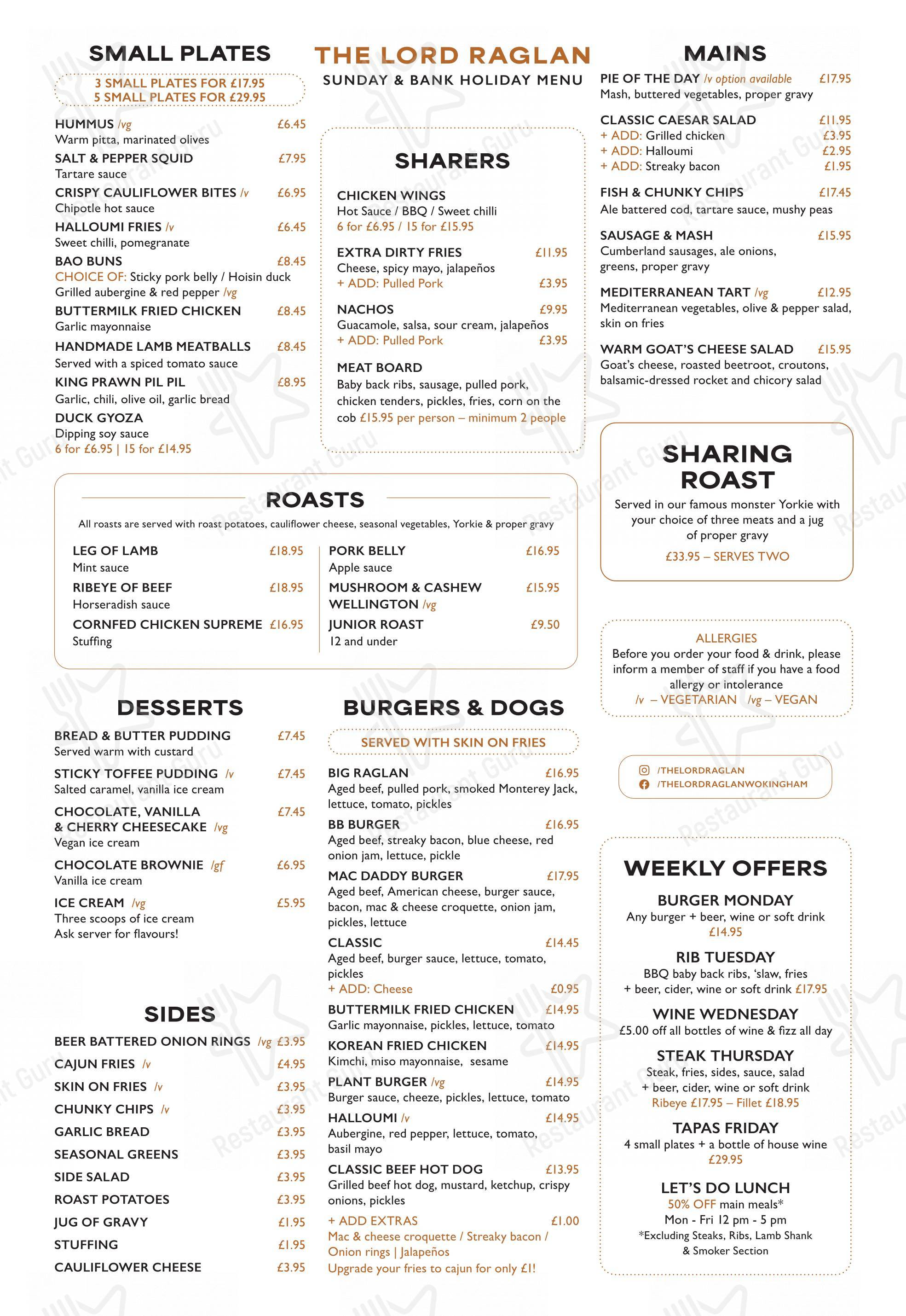 Menu at The Lord Raglan pub & bar, Wokingham, 30 Denmark St