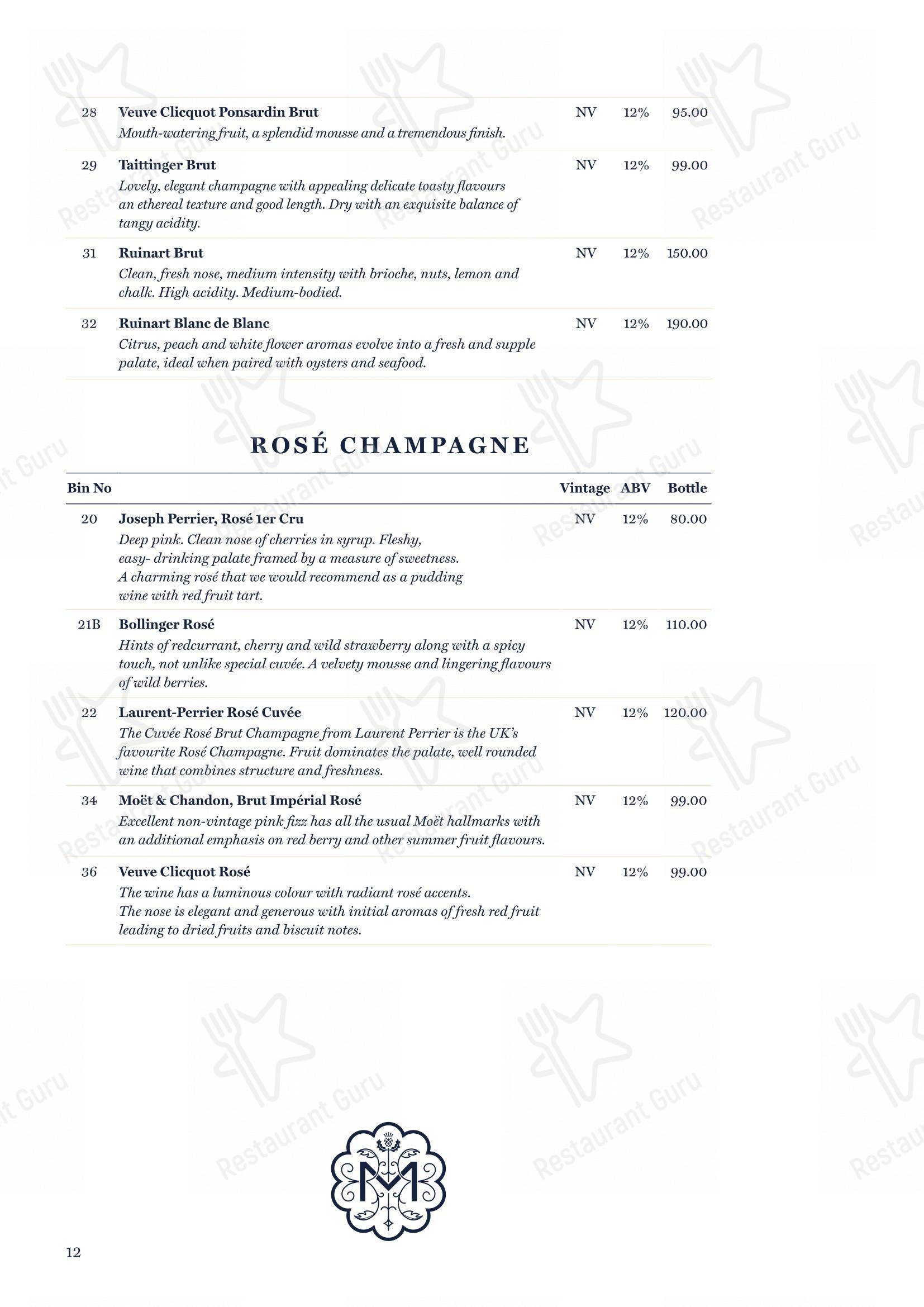 Menu at Marcliffe restaurant, Aberdeen