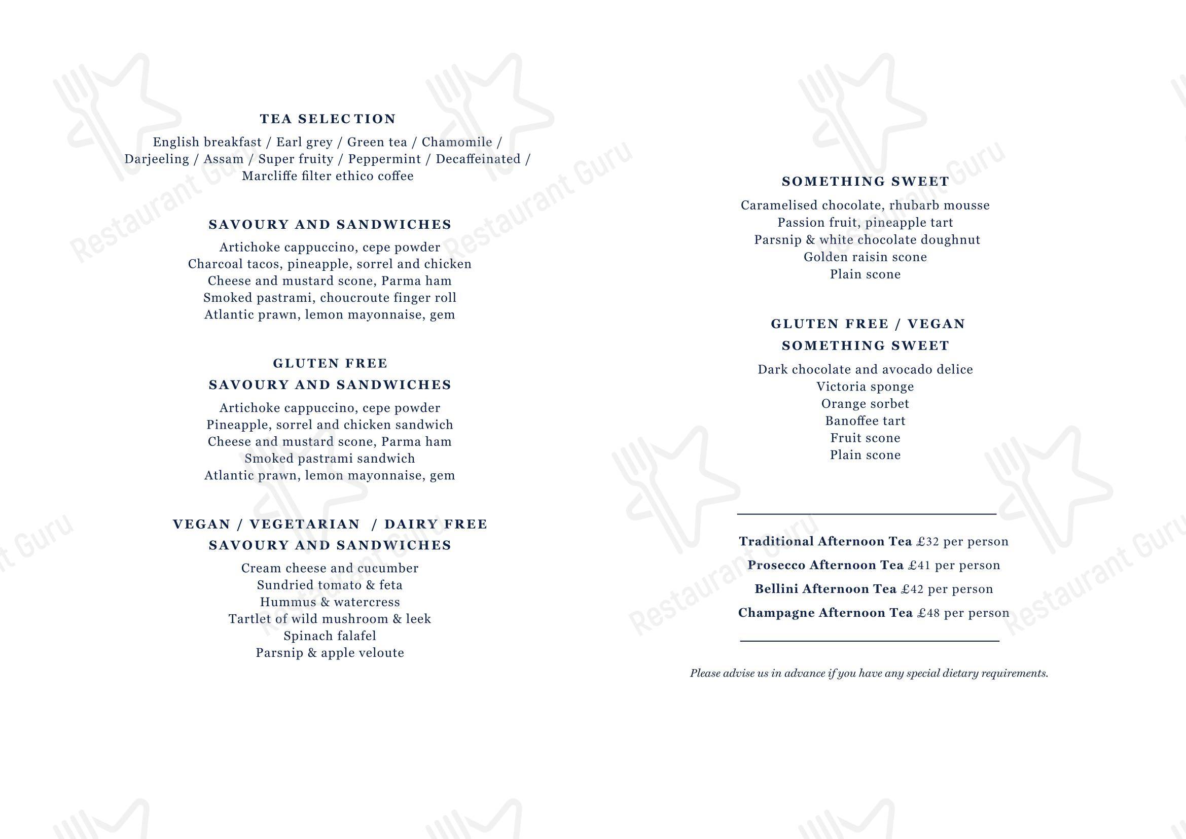 Menu at Marcliffe restaurant, Aberdeen