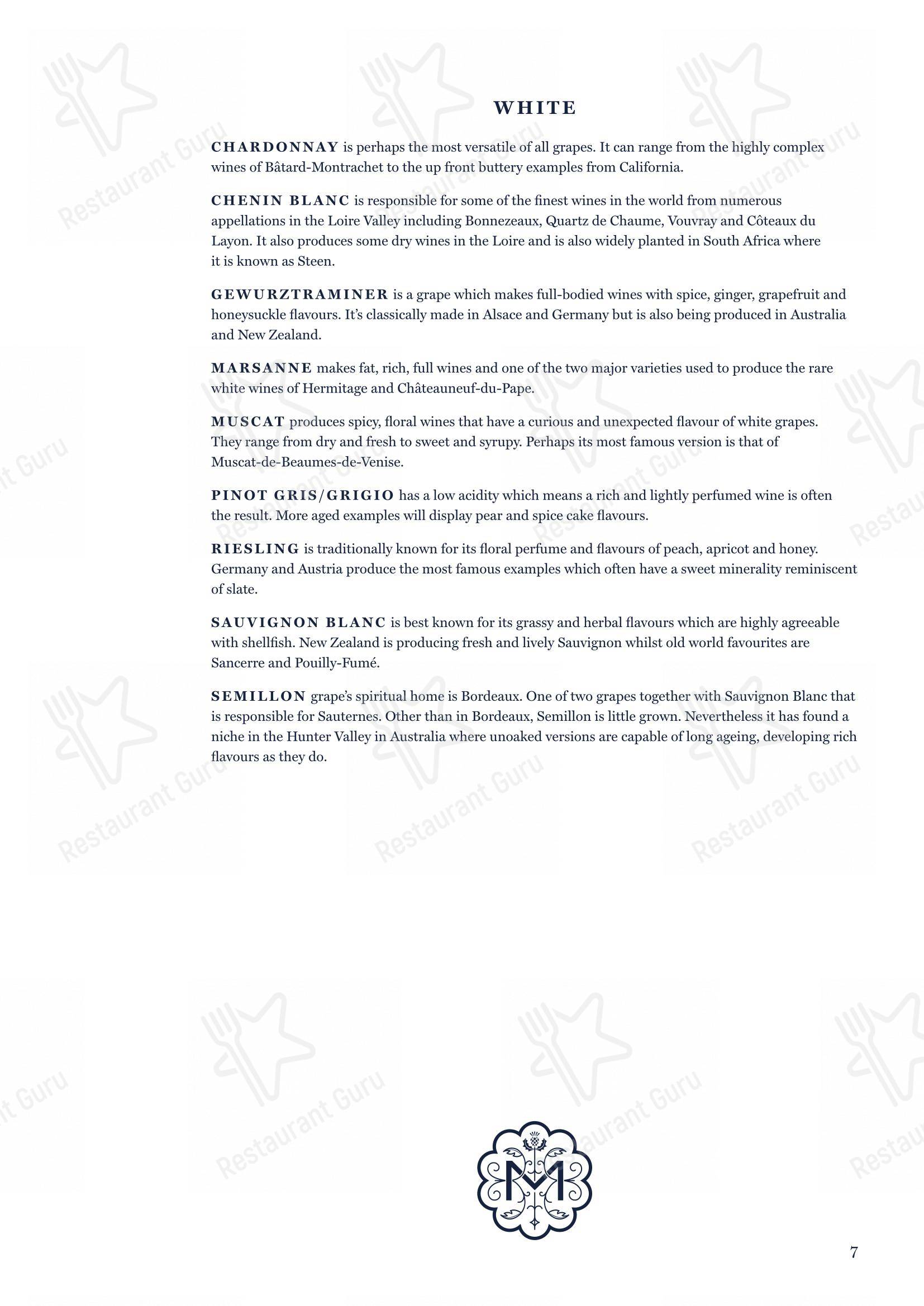 Menu at Marcliffe restaurant, Aberdeen