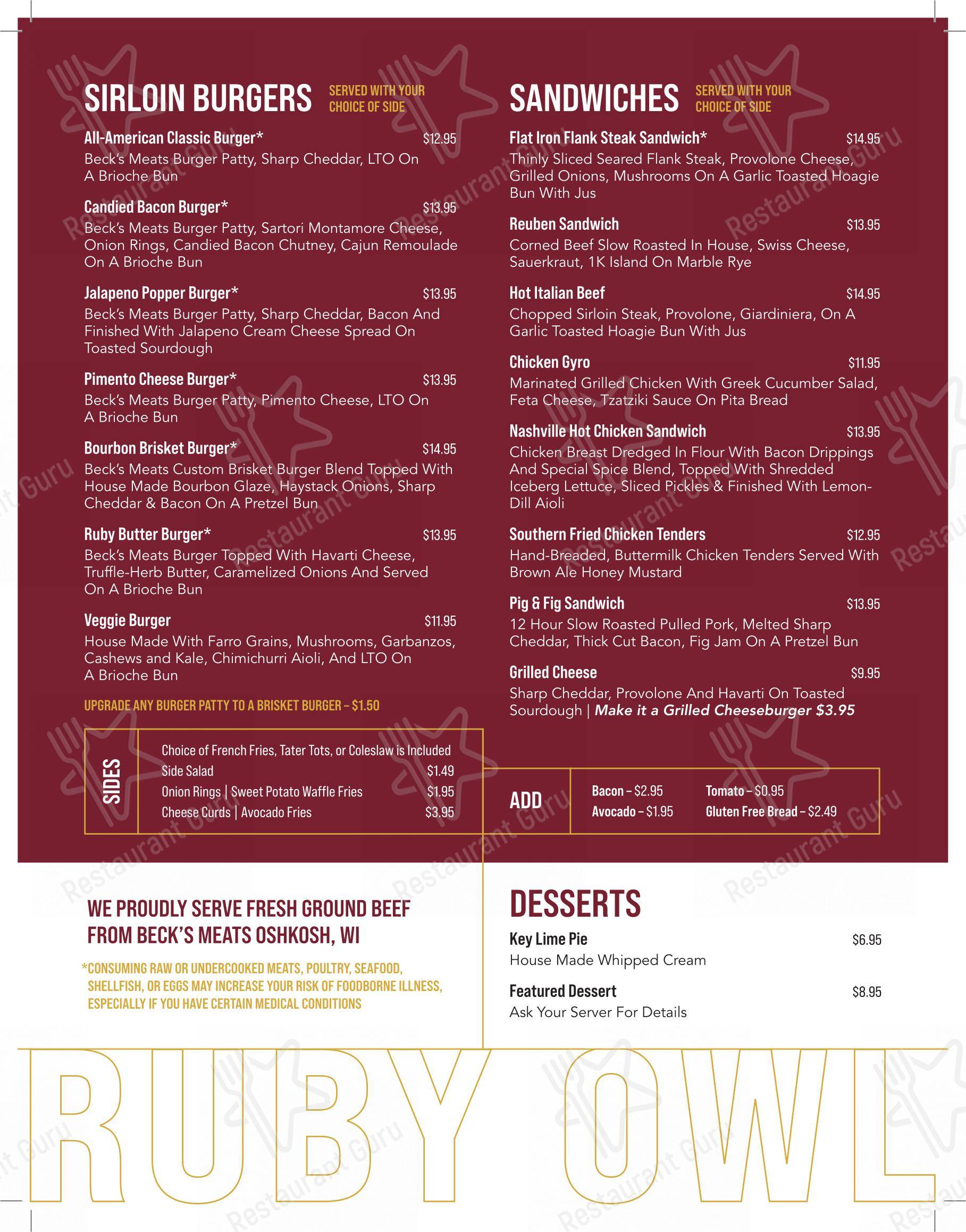Menu at The Ruby Owl Tap Room pub & bar, Oshkosh