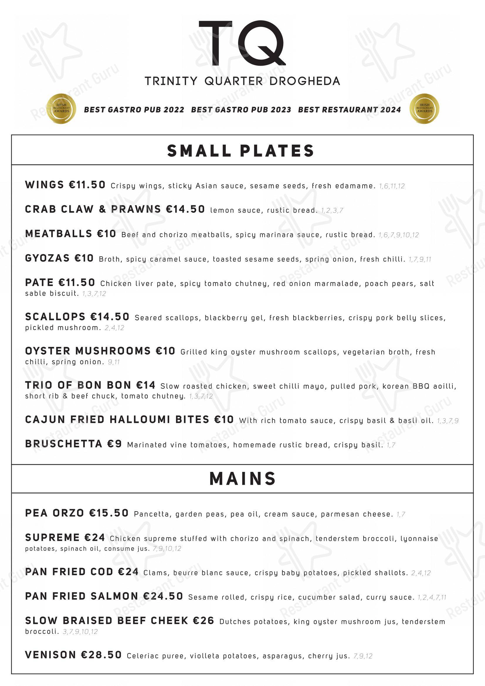 Carta del pub y bar The Trinity Quarter, Drogheda