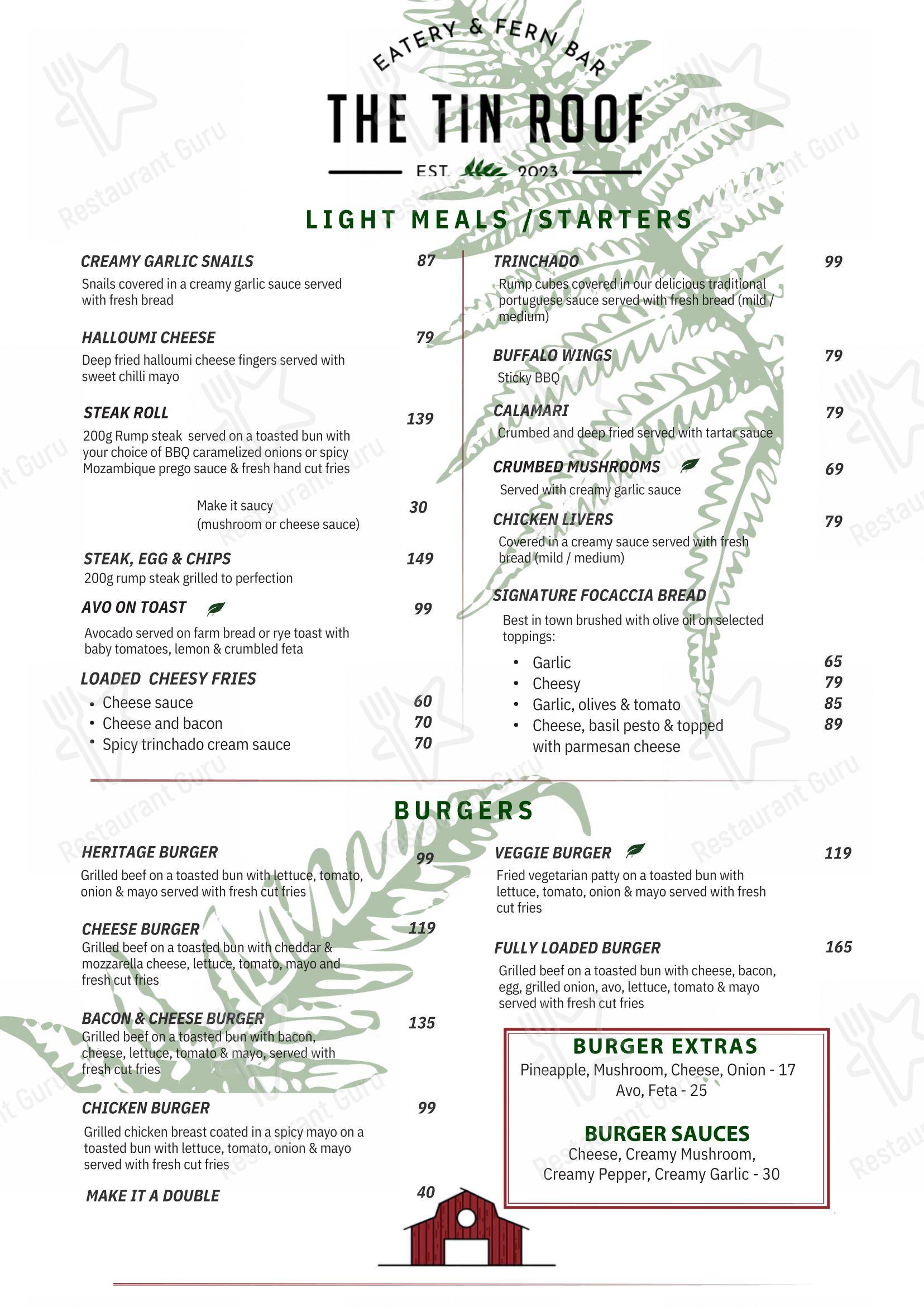 Menu at Tin Roof Restaurant / Eatery, Hartbeespoort