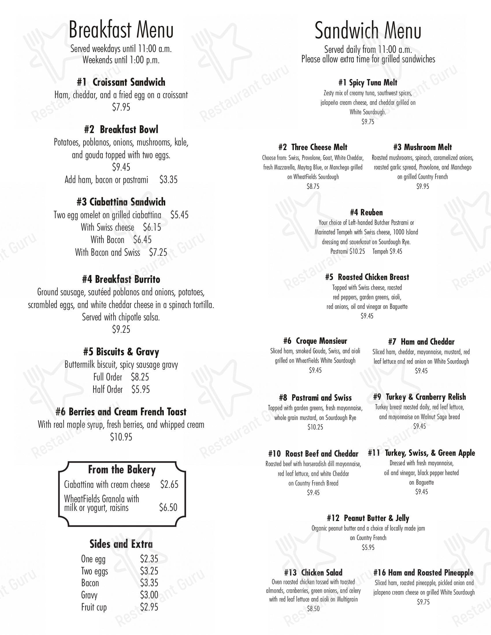 Menu at Wheatfields Bakery Cafe, Lawrence