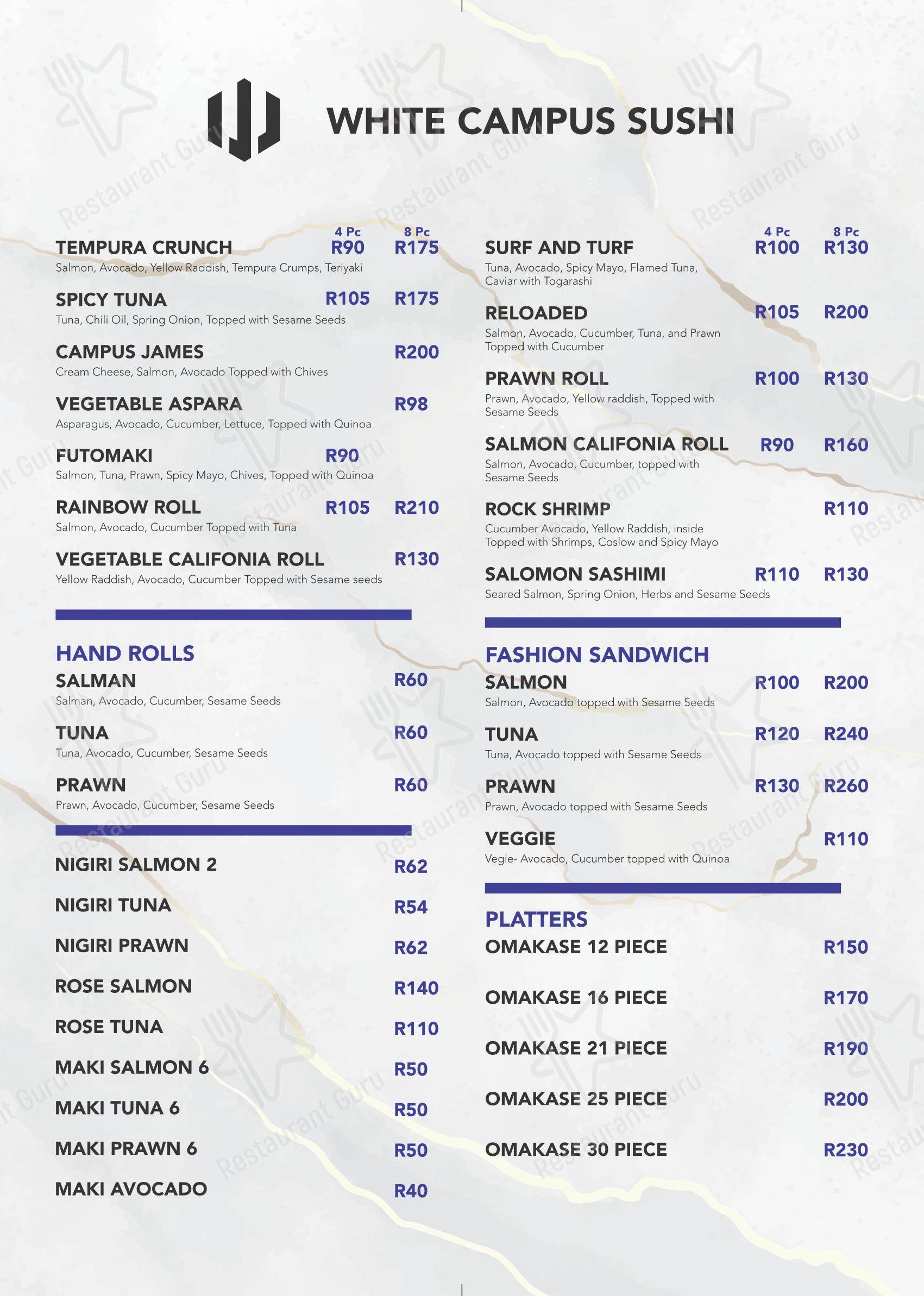 Menu at White Campus Square restaurant, Johannesburg