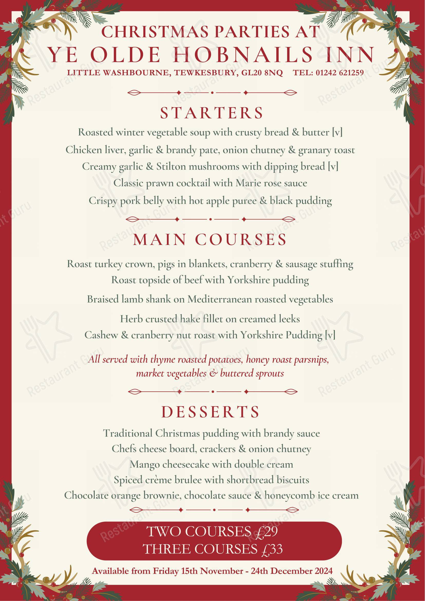 Menu at Ye Olde Hobnails Inn pub & bar, Little Washbourne