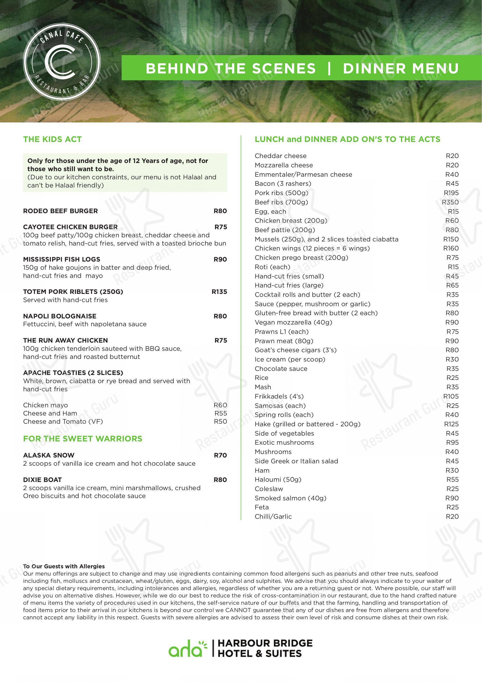 Menu at aha Harbour Bridge Hotel & Suites restaurant, Cape Town