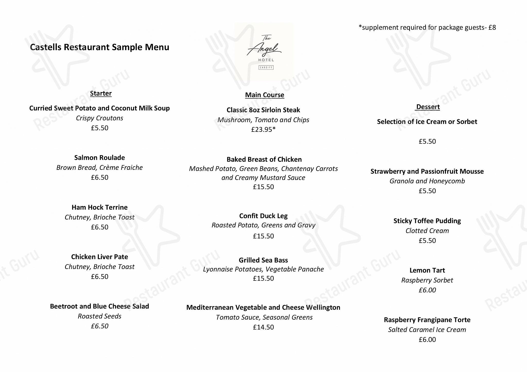 Menu at Angel Hotel Cardiff restaurant, Cardiff