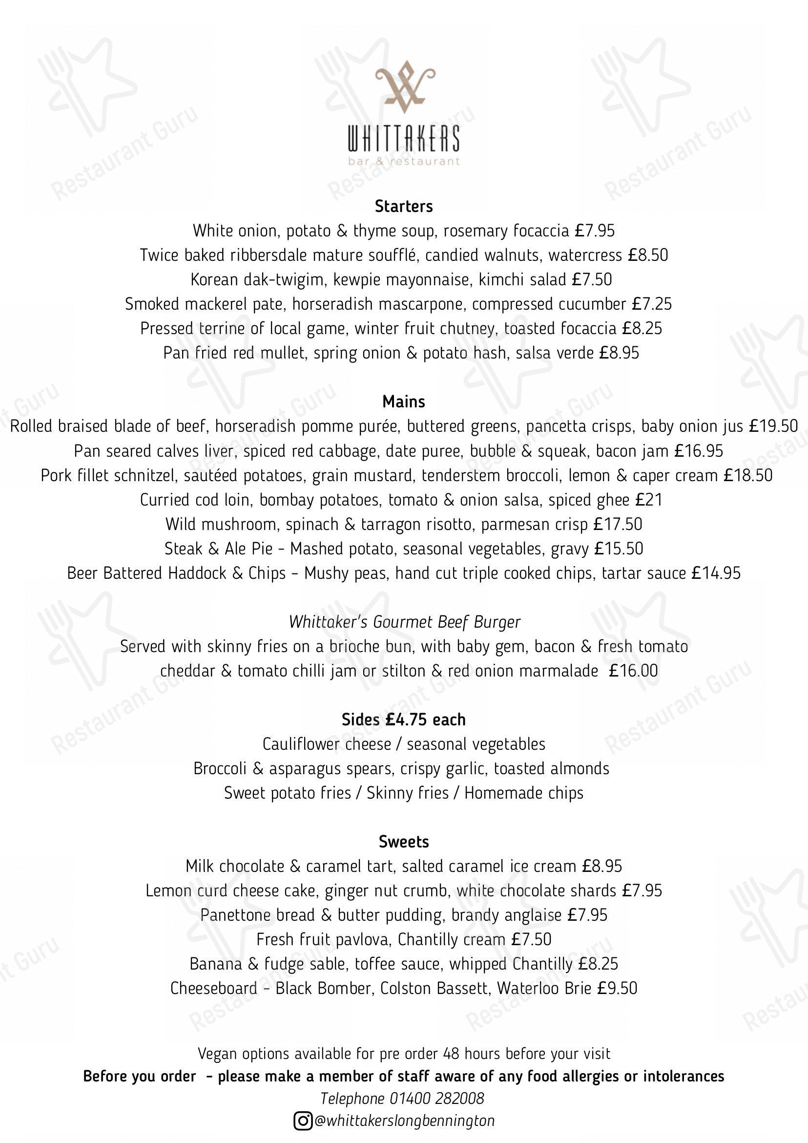 Menu at Whittakers Bar & Restaurant, Long Bennington