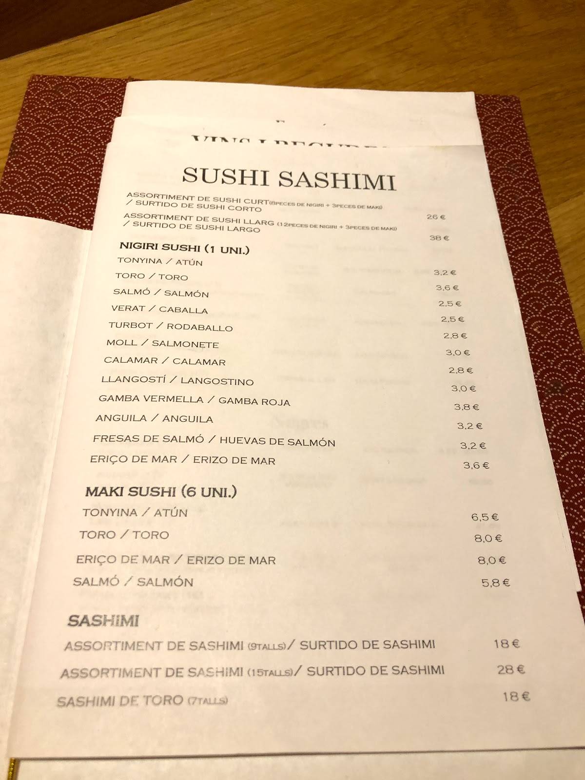 Carta del restaurante sato i tanaka, Barcelona