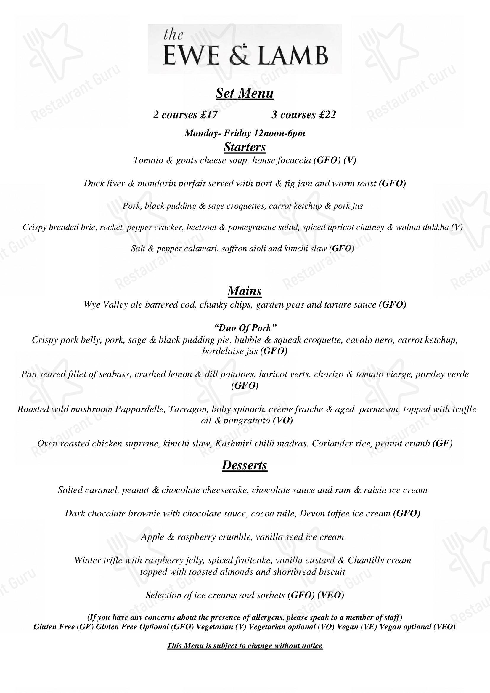 Menu at Ewe & Lamb pub & bar, Bromsgrove