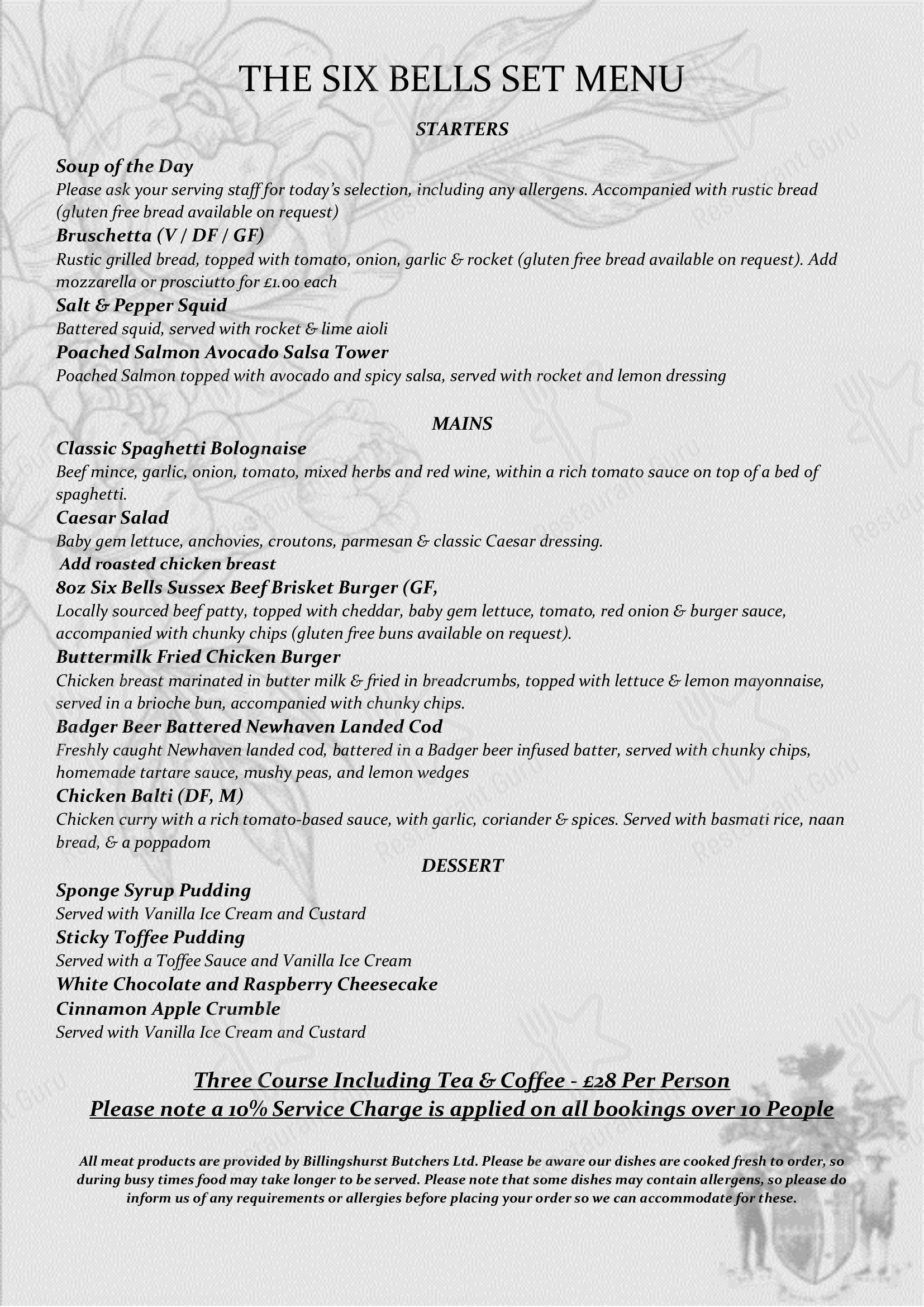 Menu at The Six Bells pub & bar, Billingshurst
