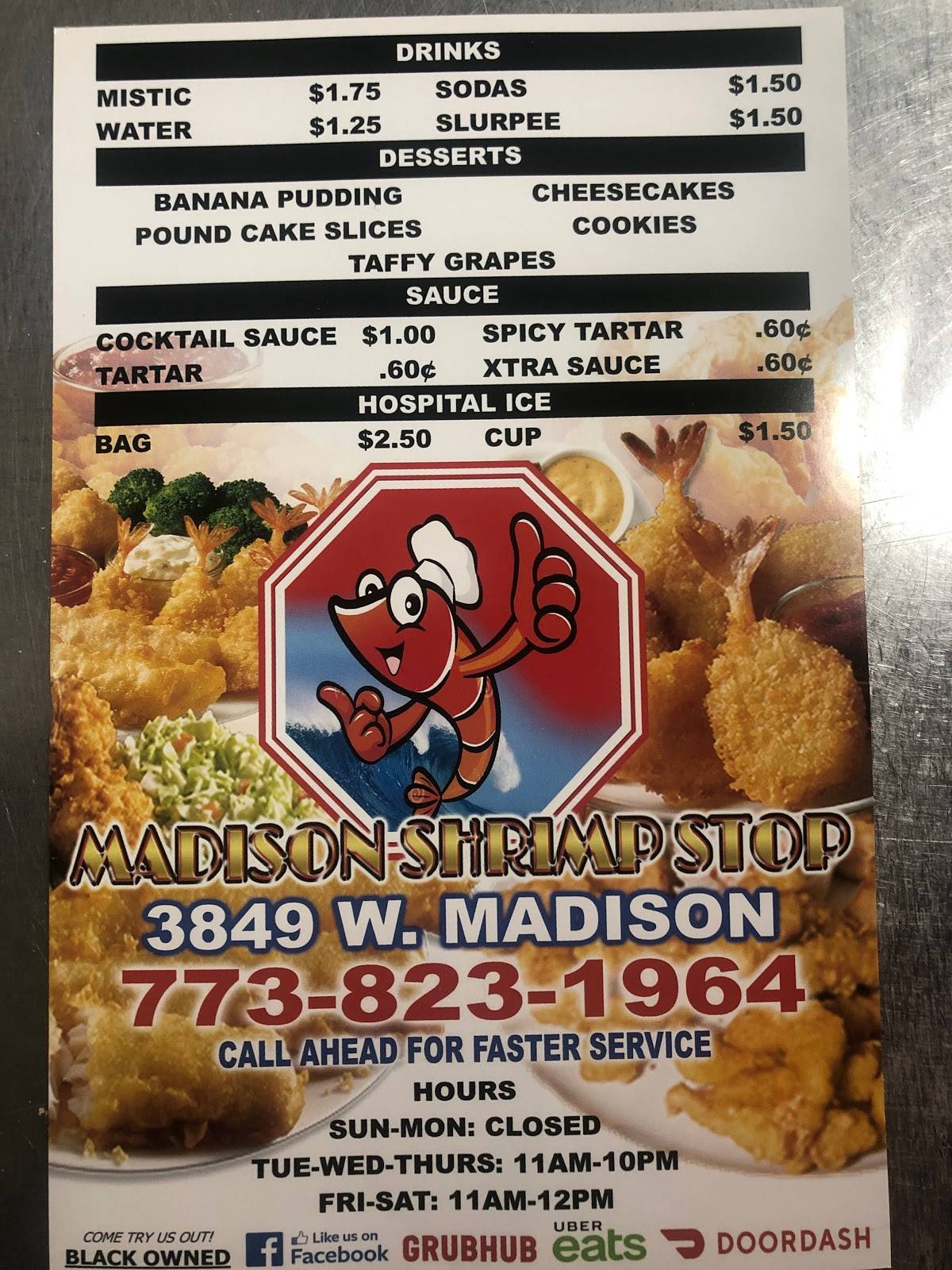 Menu at shrimp stop restaurant, Chicago
