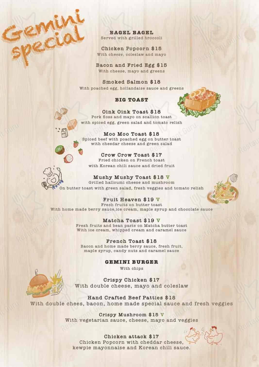 Menu at Gemini Cafe & Eatery, Wellington