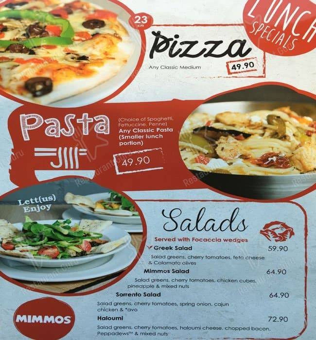 Menu at Mimmos Braamfontein restaurant, Johannesburg, 50 Biccard St