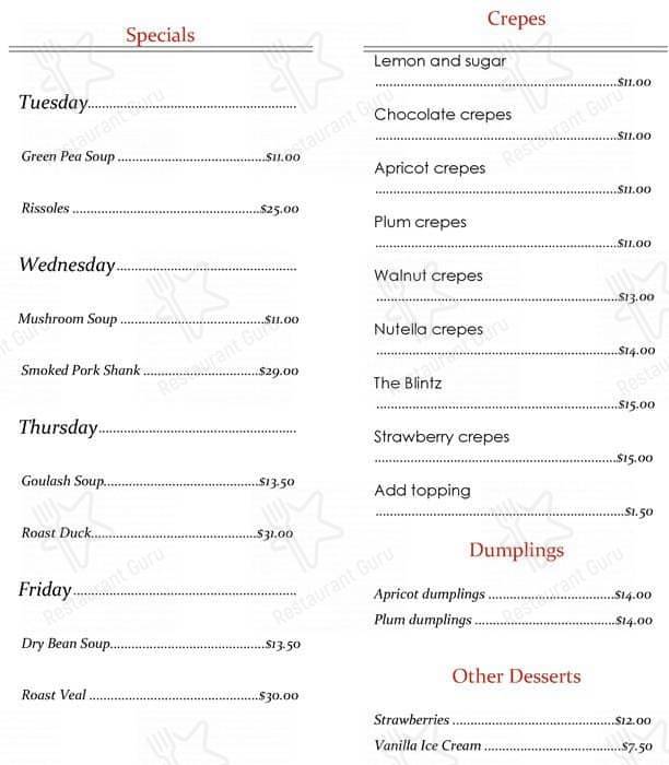 Menu at The Little Hungarian Restaurant, Caulfield South