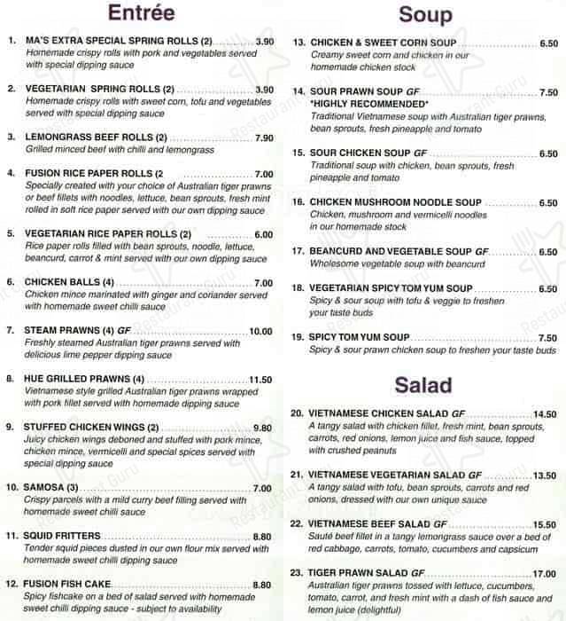 Menu at Vietnamese Fusion Restaurant, Scarborough