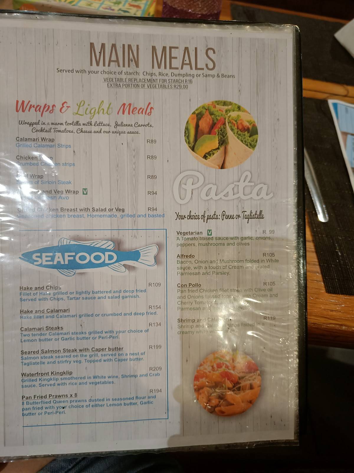 Menu at the Pothole & Donkey restaurant, Grahamstown