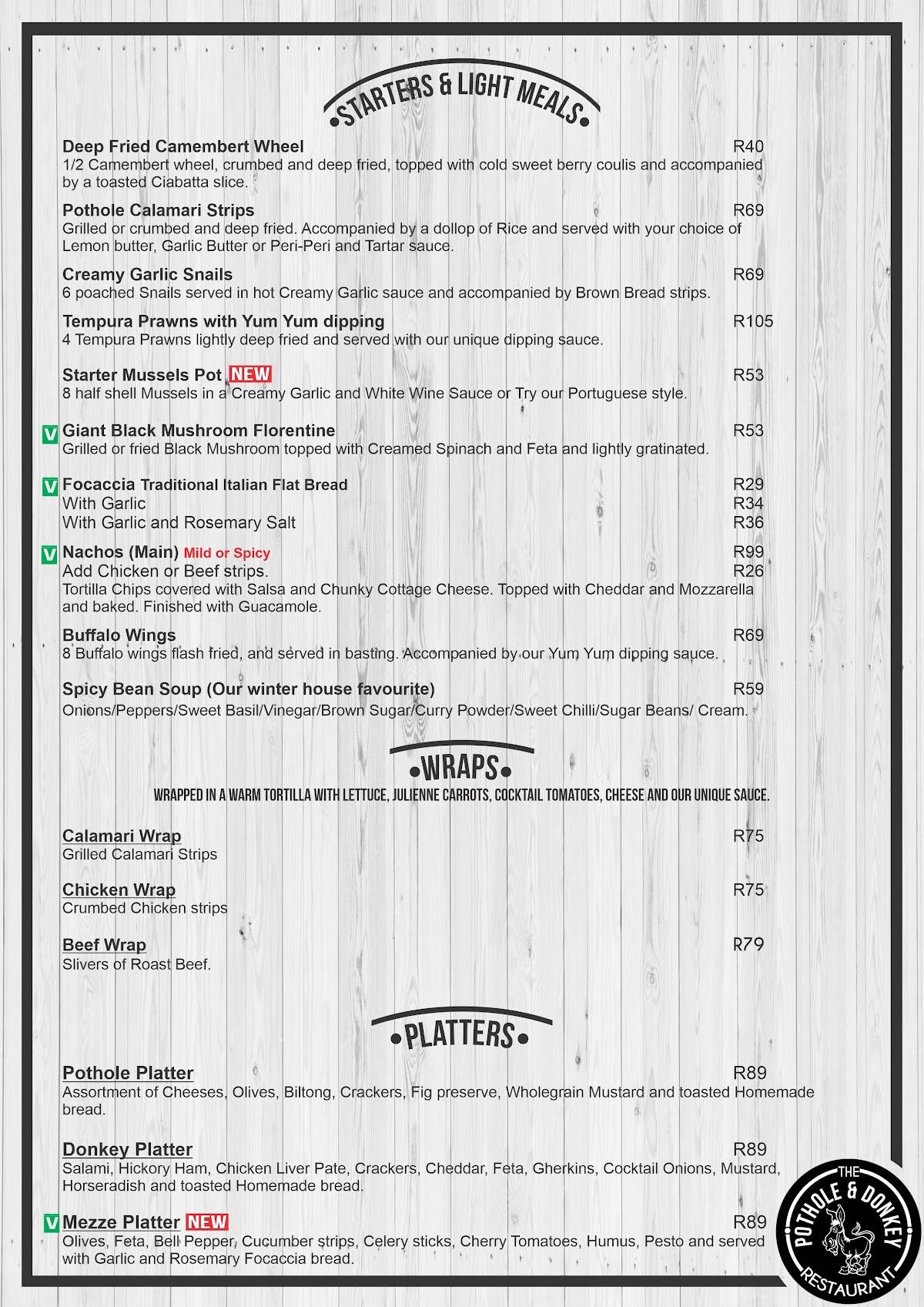 Menu at the Pothole & Donkey restaurant, Grahamstown
