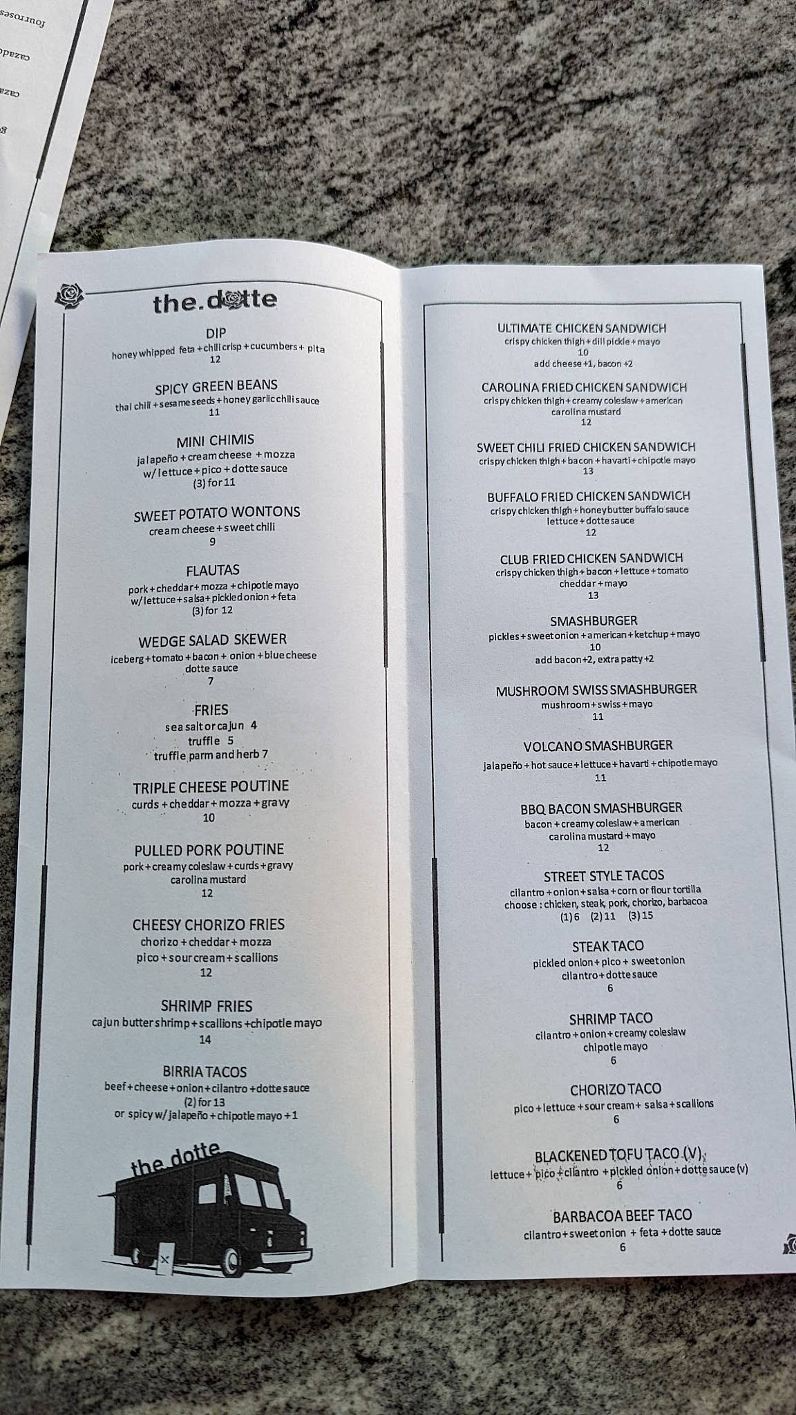 Menu at the dotte restaurant, Windsor