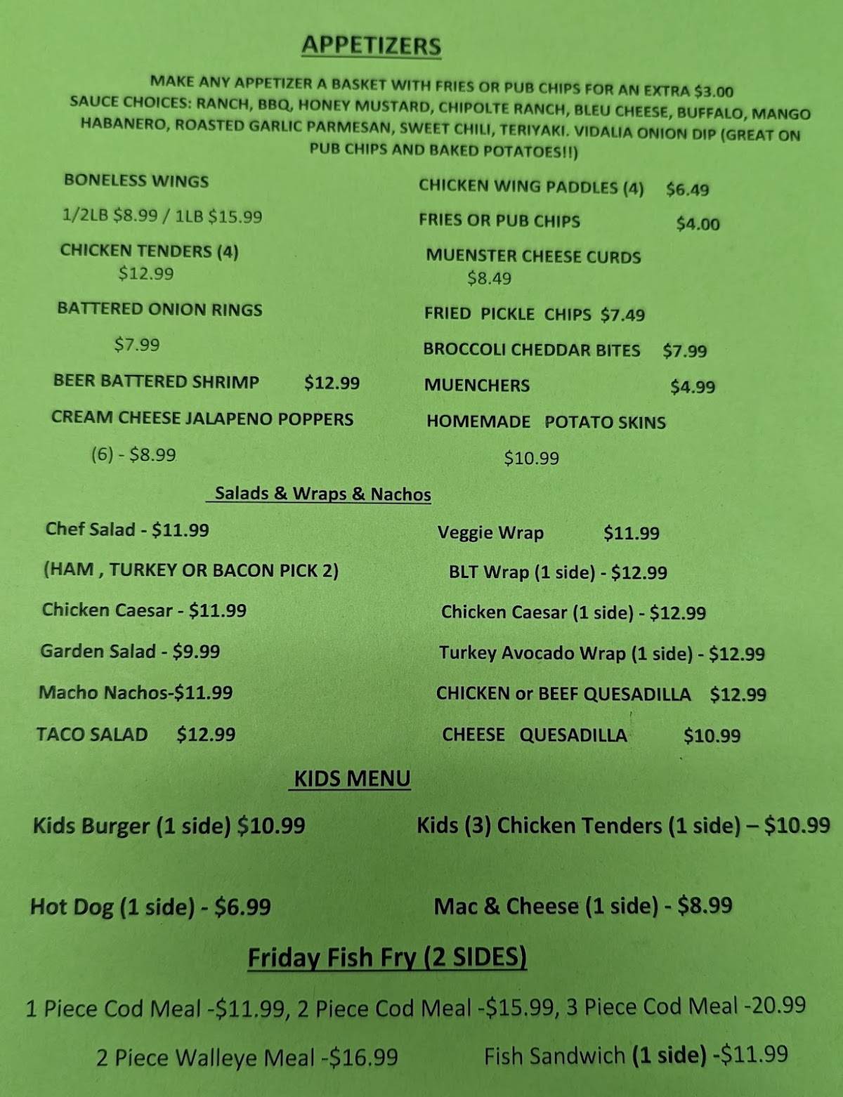 Menu at thirsty badger bar & grill, Beloit