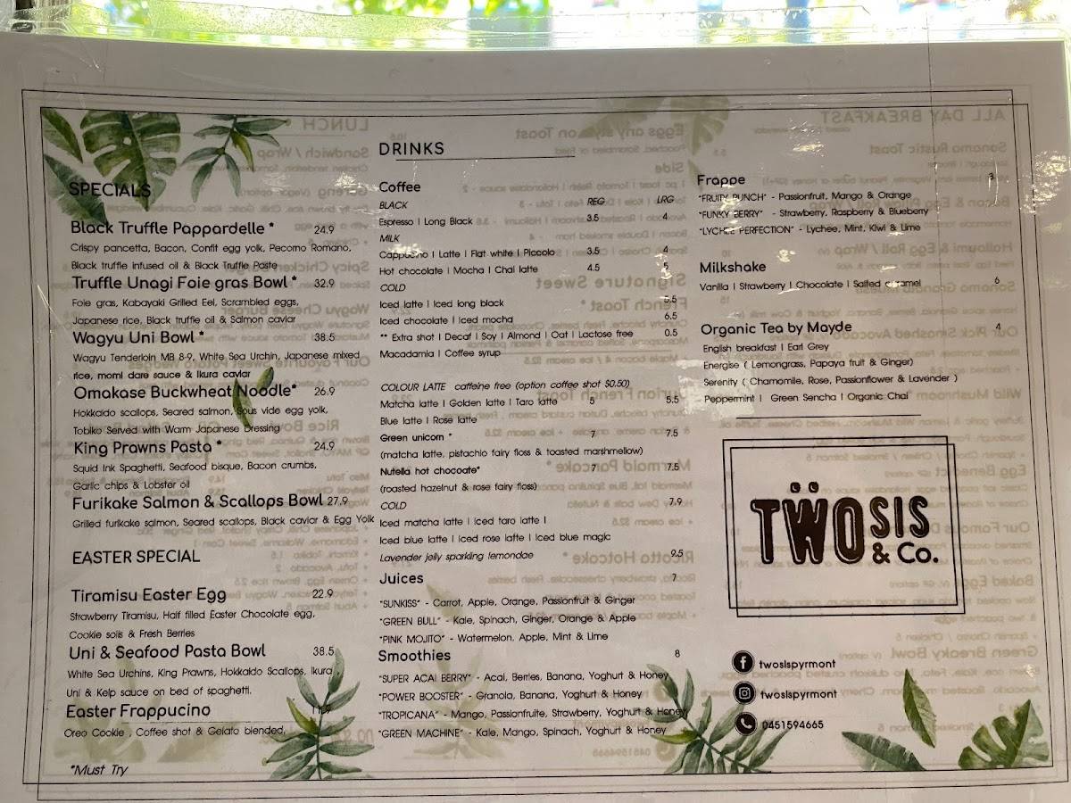 Menu at two sis & co cafe, Pyrmont
