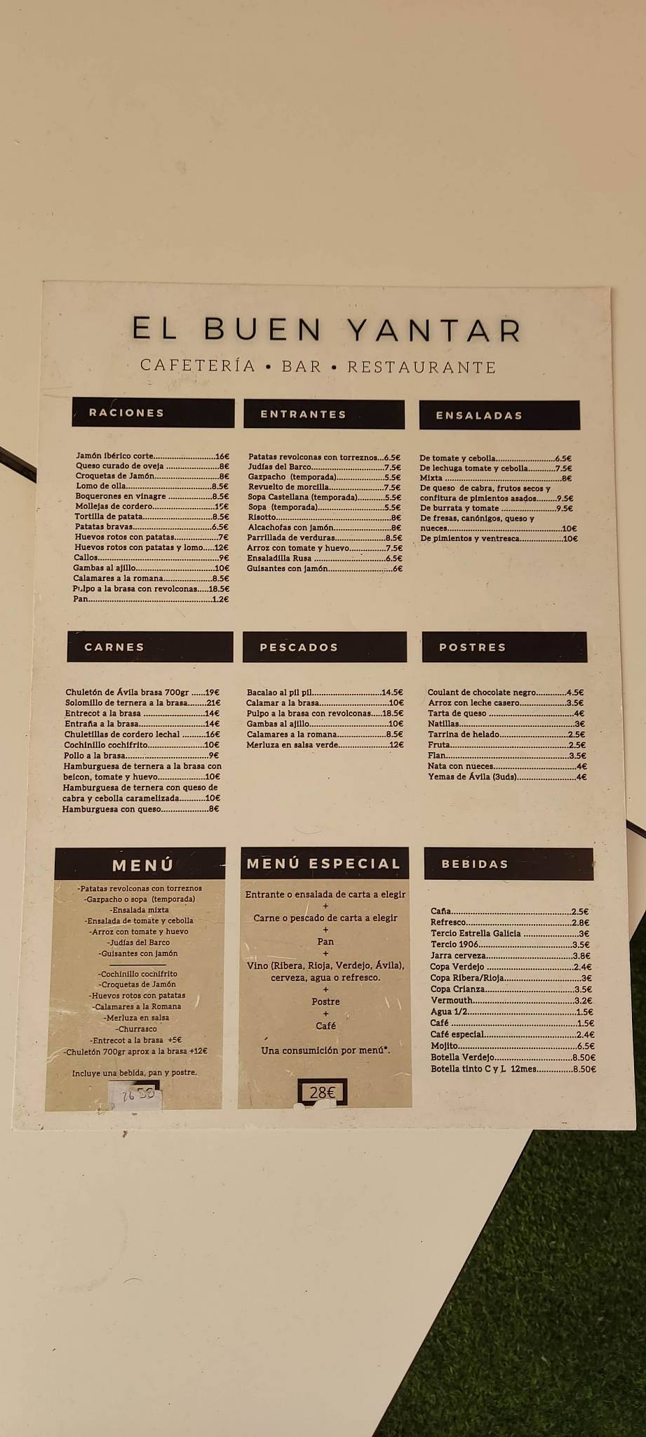 Carta de Restaurante El Buen Yantar, Ávila