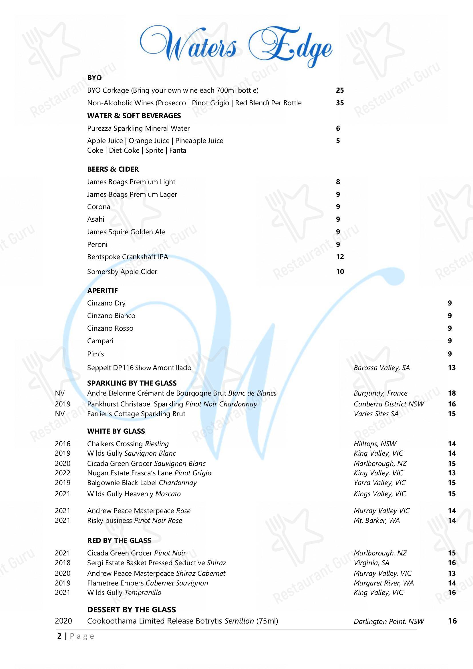 Menu at Water's Edge Fine Dining Restaurant, Parkes