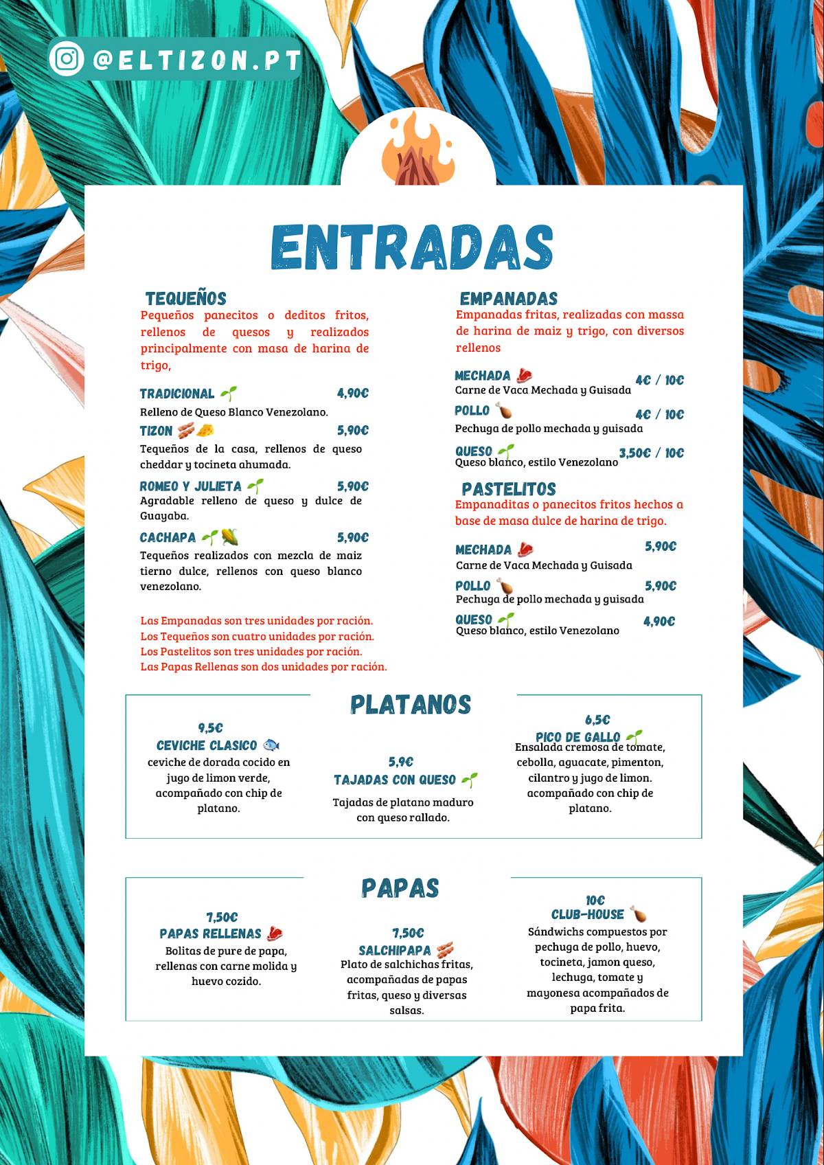 Menu at El Tizón restaurant, Almada