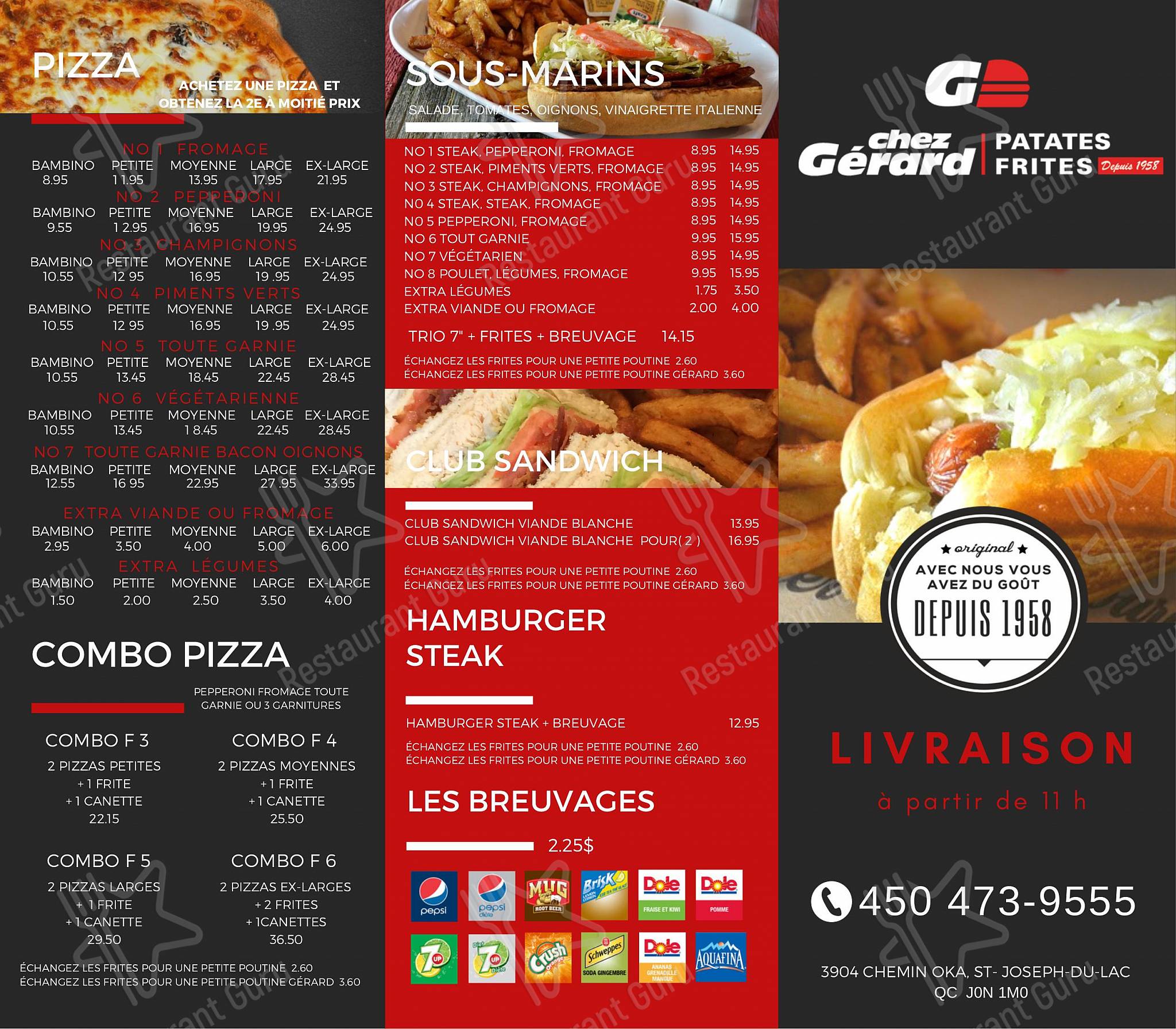Menu au Chez Gérard Patates pizzeria, Canada, Chem. d'Oka