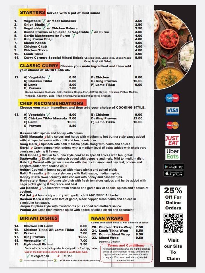 Menu at The Curry Corner restaurant, Durham