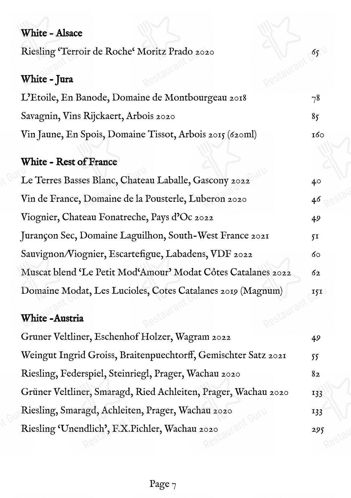 Menu at Fallow restaurant, London