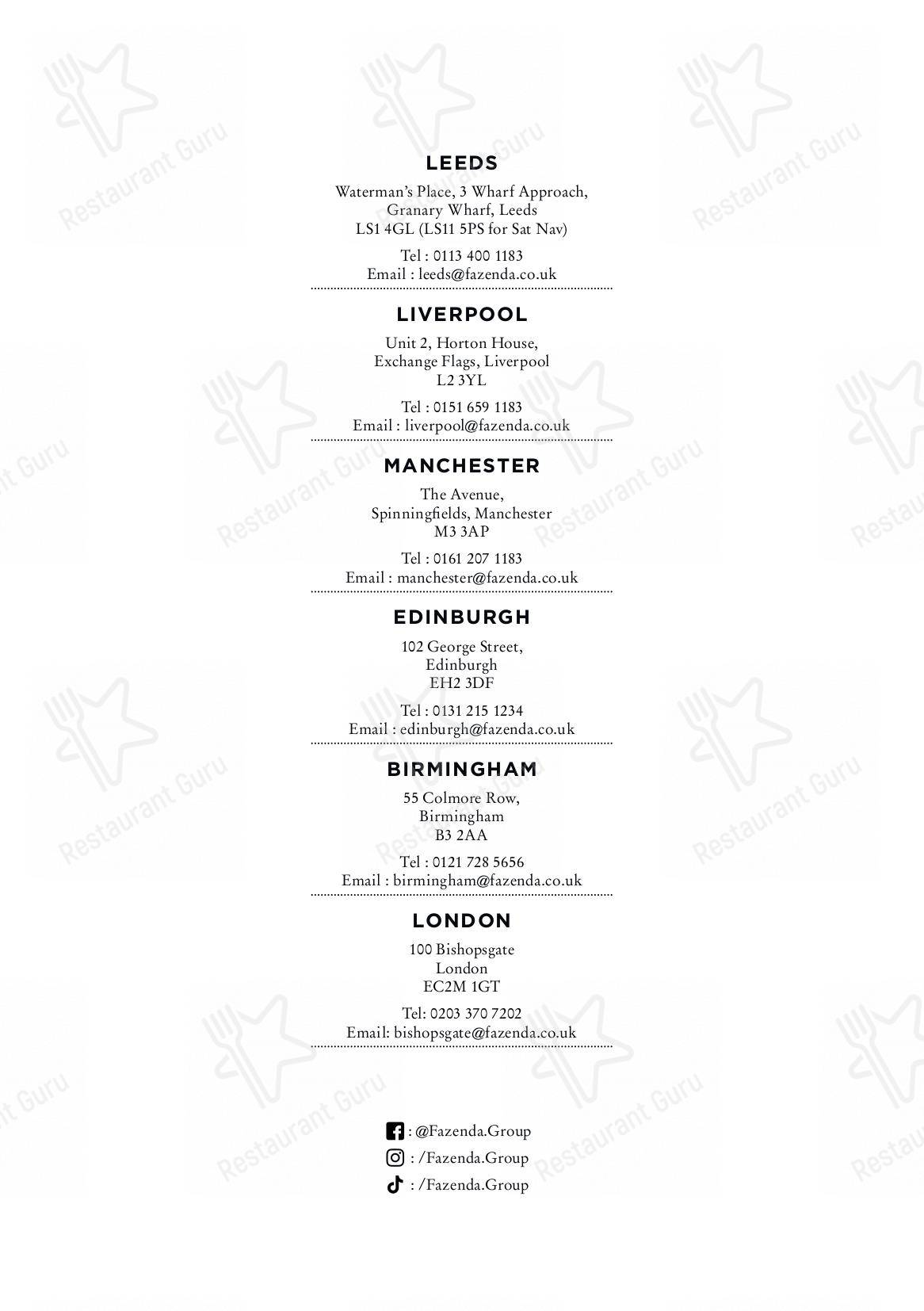 Menu at Fazenda Rodizio Bar & Grill Manchester, Manchester