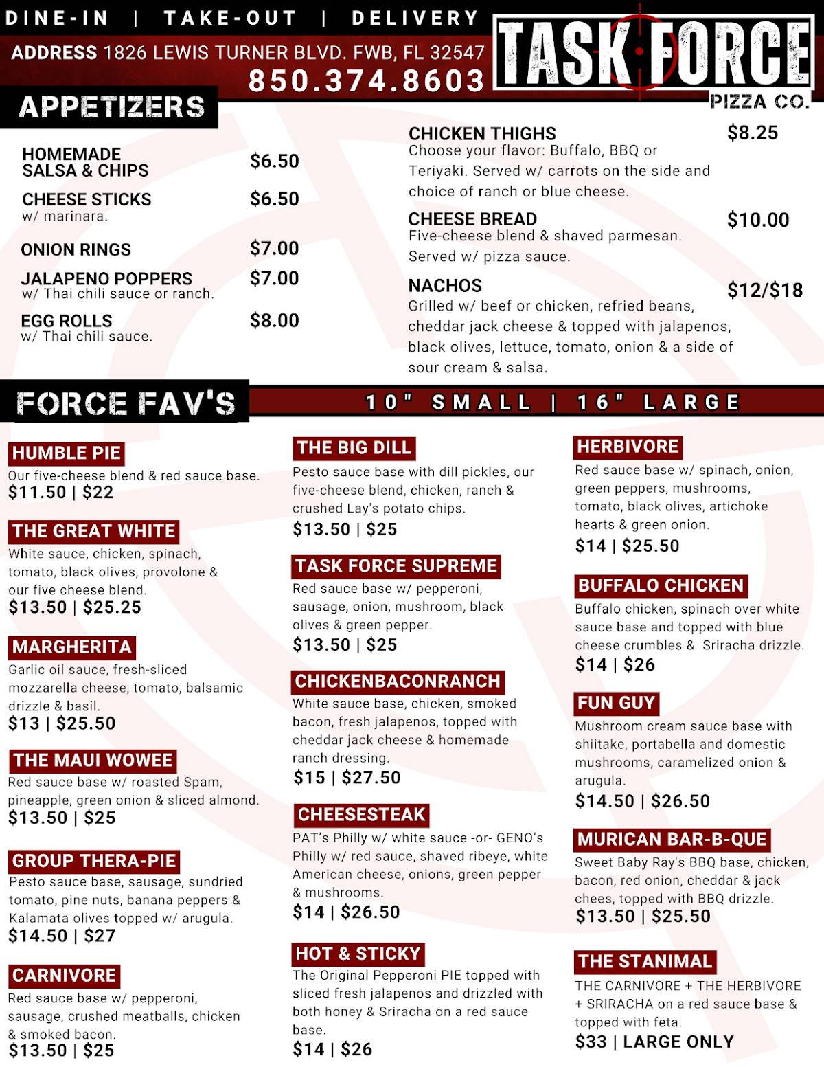 Menu at Task Force Pizza Co. restaurant, Fort Walton Beach