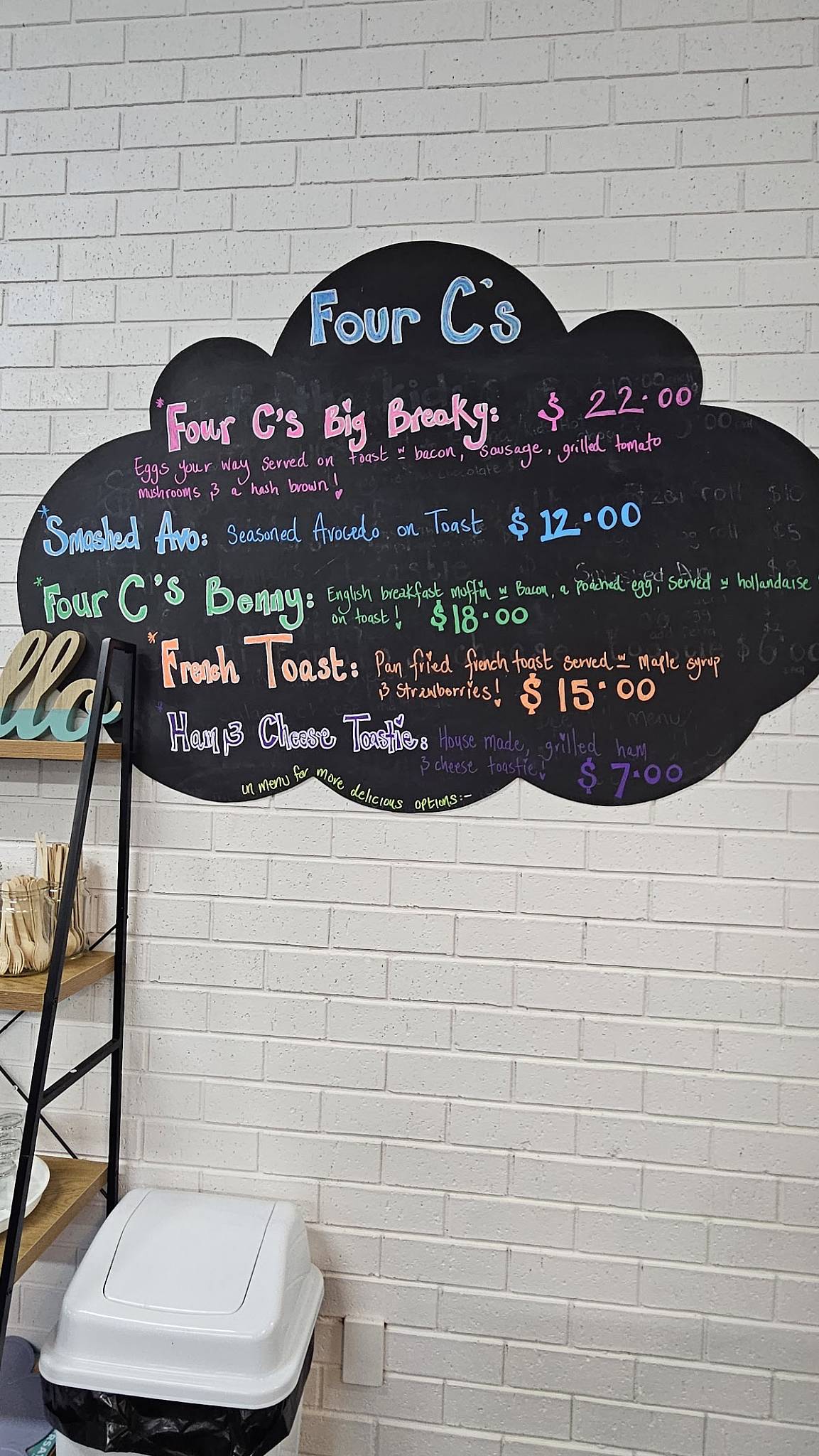 Menu at Four C's cafe, Lang Lang
