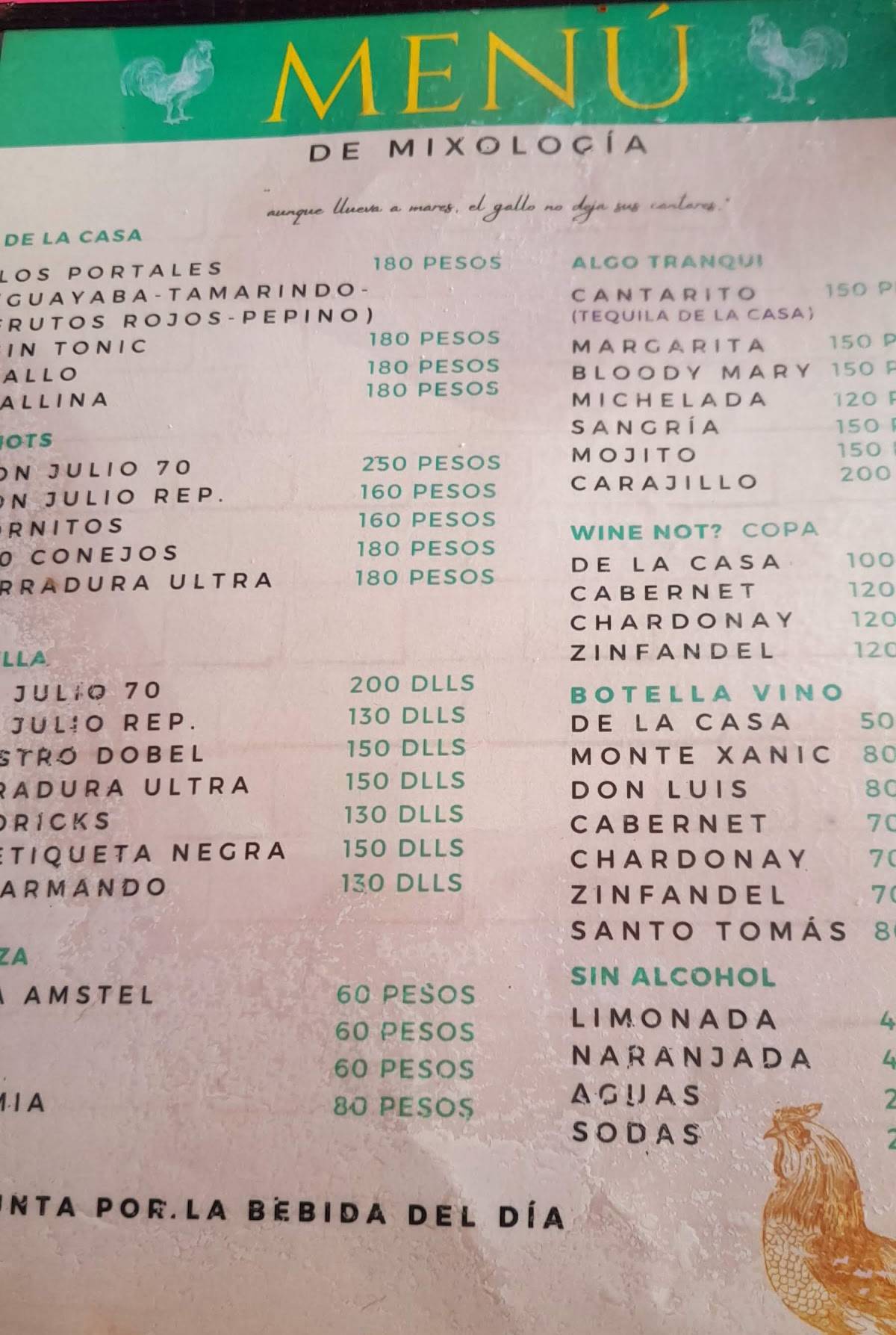 Carta del restaurante Los Portales del García, Mexico
