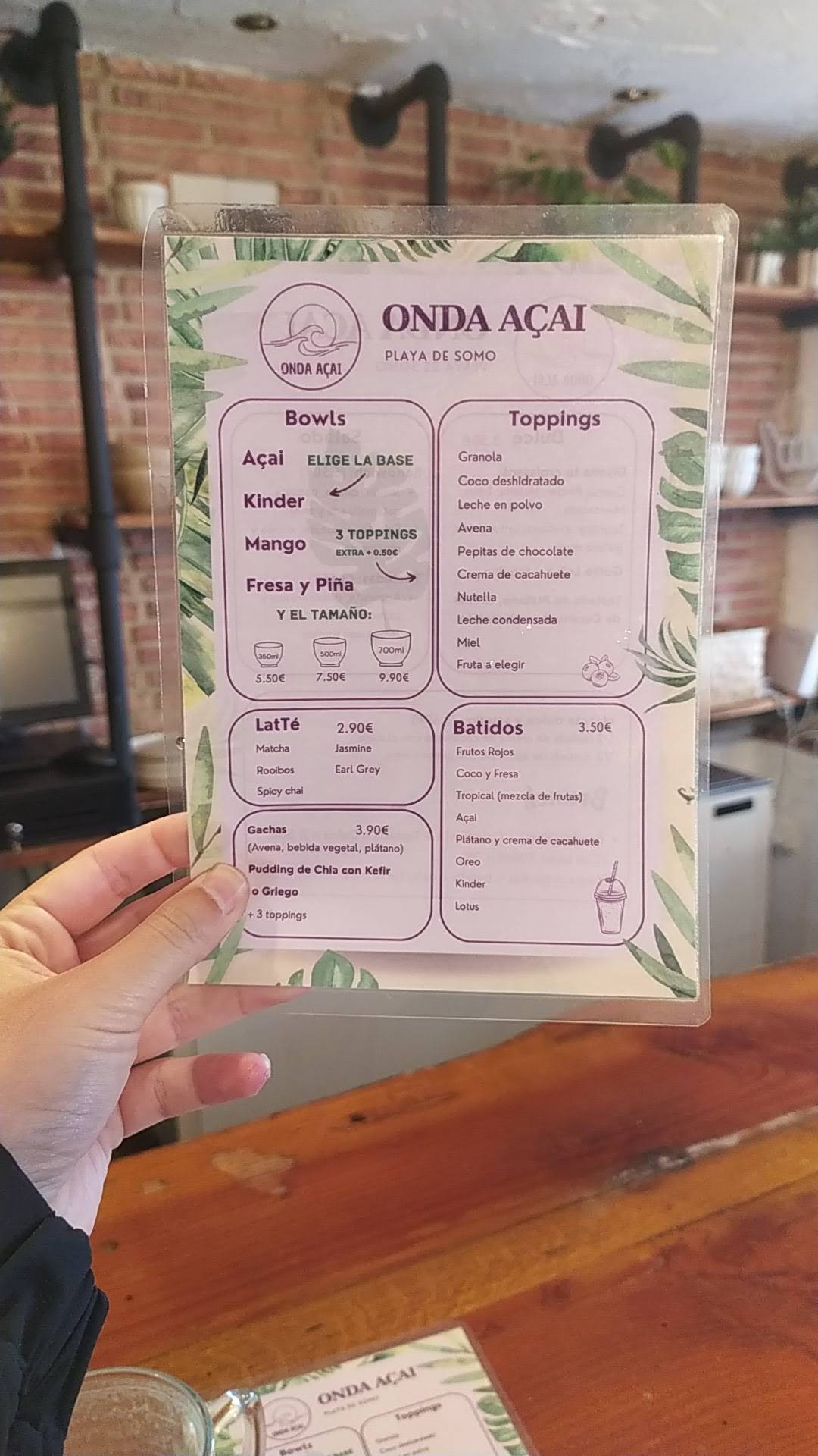 Carta del pub y bar Onda Açai, Somo