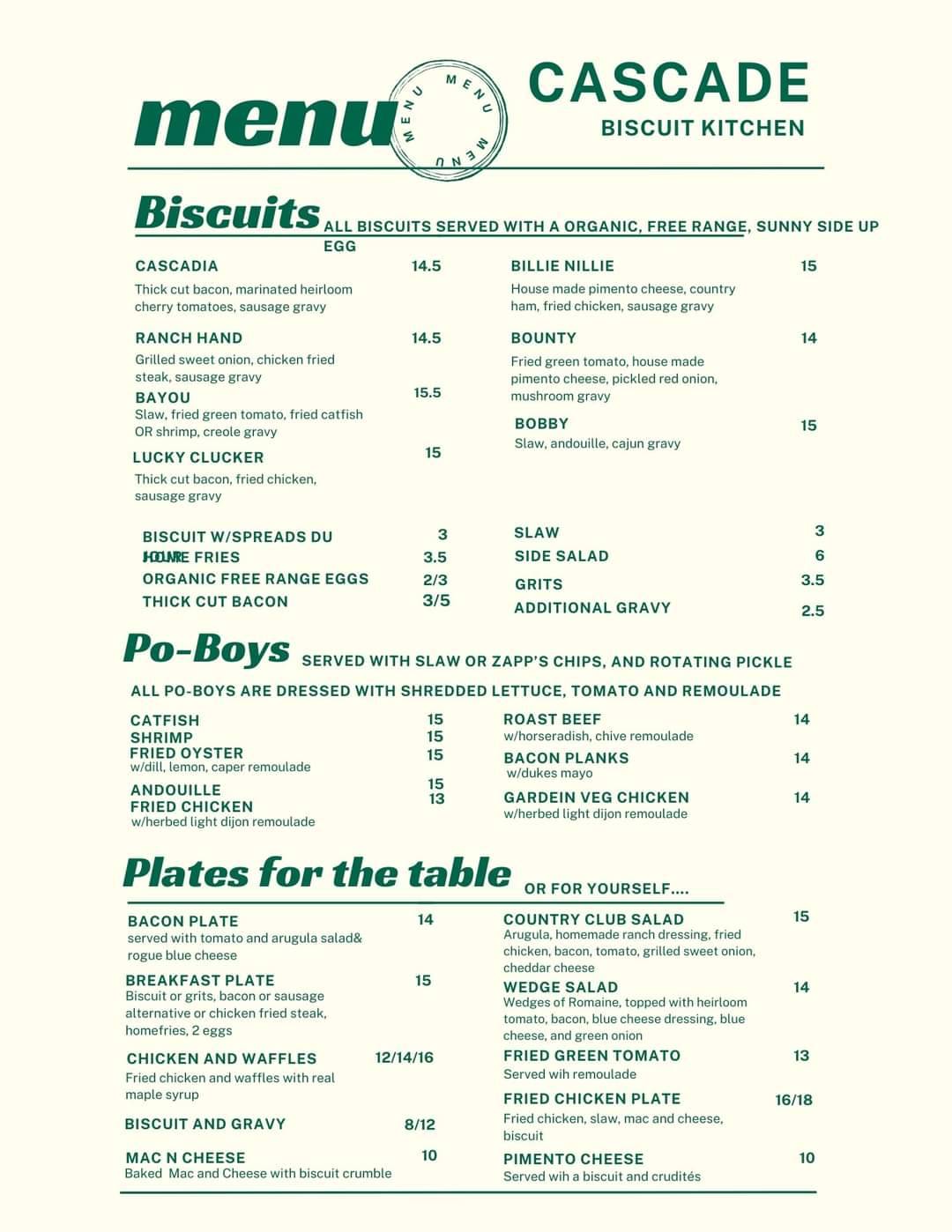 Menu at Cascade Biscuit Kitchen restaurant, Springfield