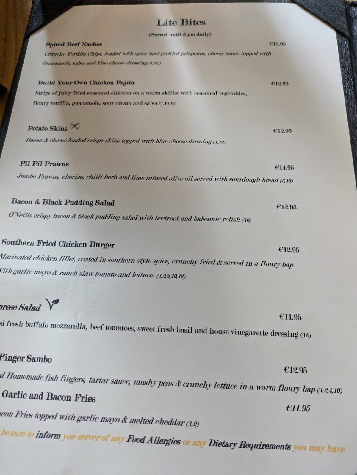 Carta de The Coal Bunker Bar, Irlanda