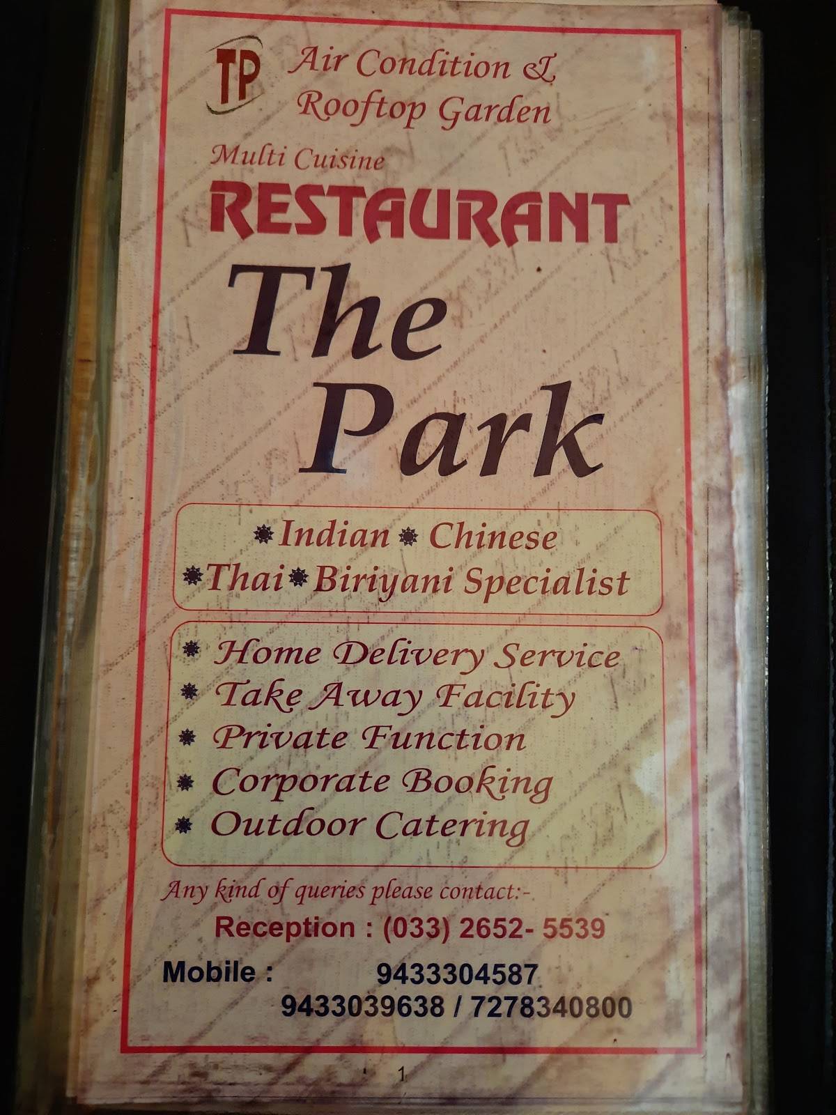 Menu at The Park Restaurant, Kolkata, S G S S Market