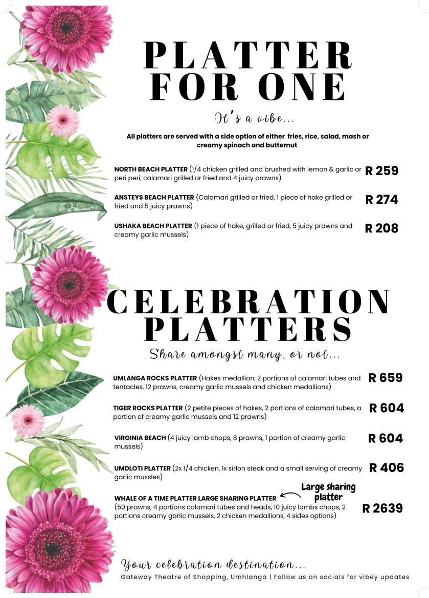 Menu at 1 on Palm restaurant, Umhlanga