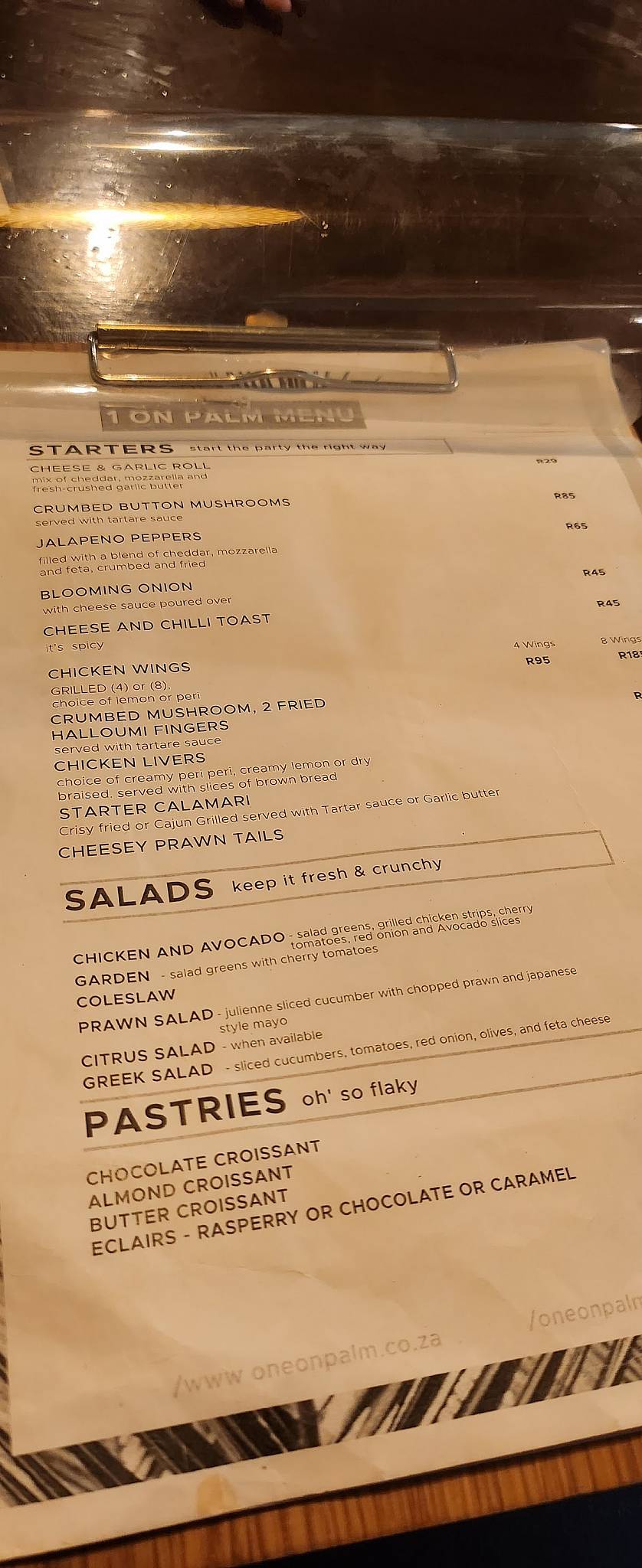 Menu at 1 on Palm restaurant, Umhlanga