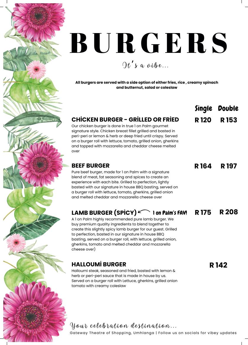 Menu at 1 on Palm restaurant, Umhlanga
