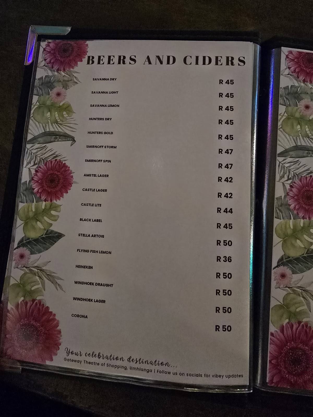 Menu at 1 on Palm restaurant, Umhlanga