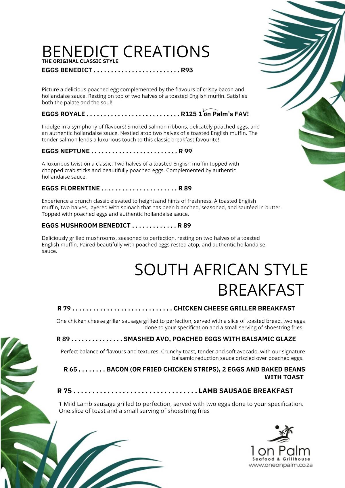 Menu at 1 on Palm restaurant, Umhlanga