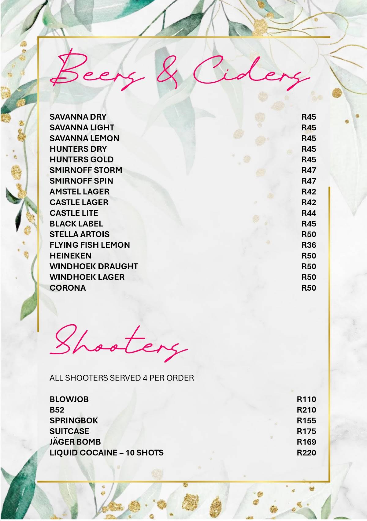 Menu at 1 on Palm restaurant, Umhlanga