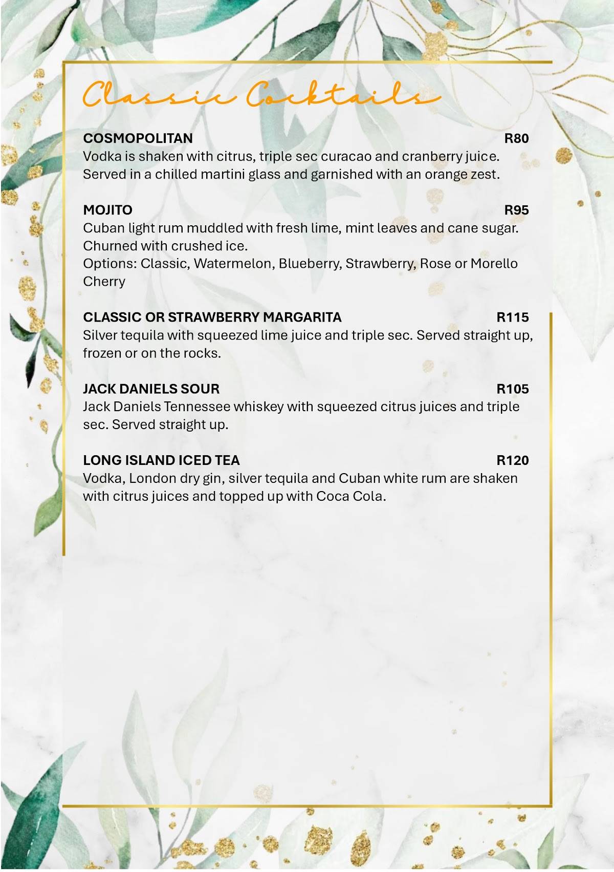 Menu at 1 on Palm restaurant, Umhlanga