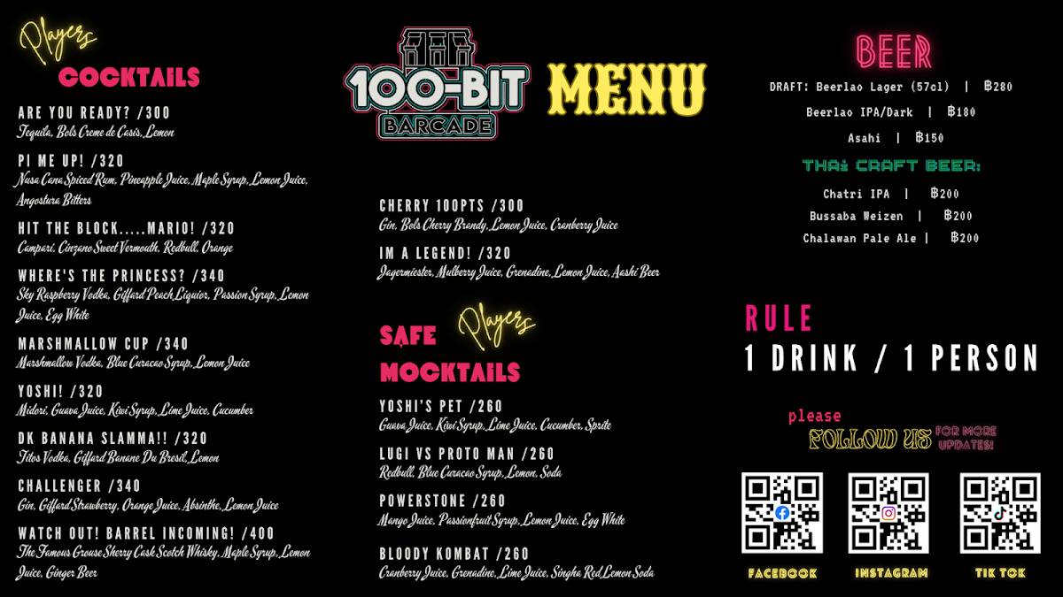 Menu at 100-Bit Barcade, Bangkok