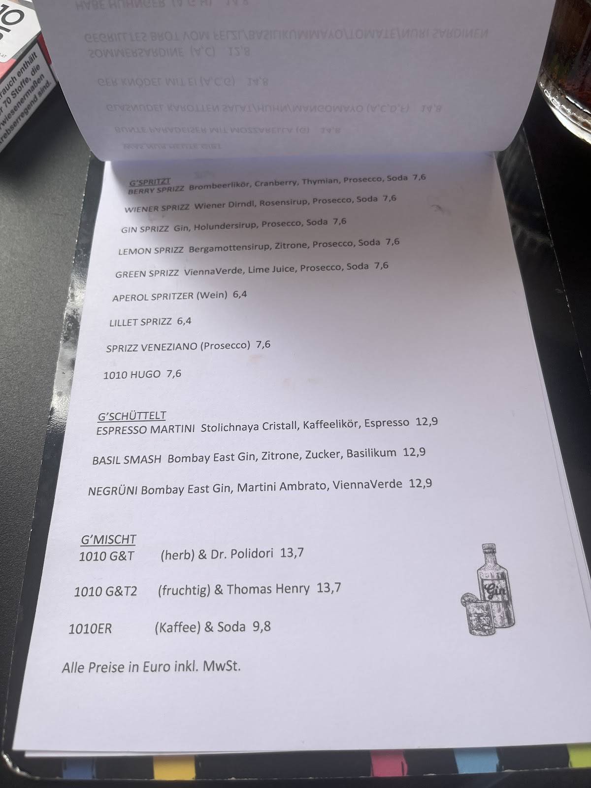 Speisekarte von 1010 Bar, Wien
